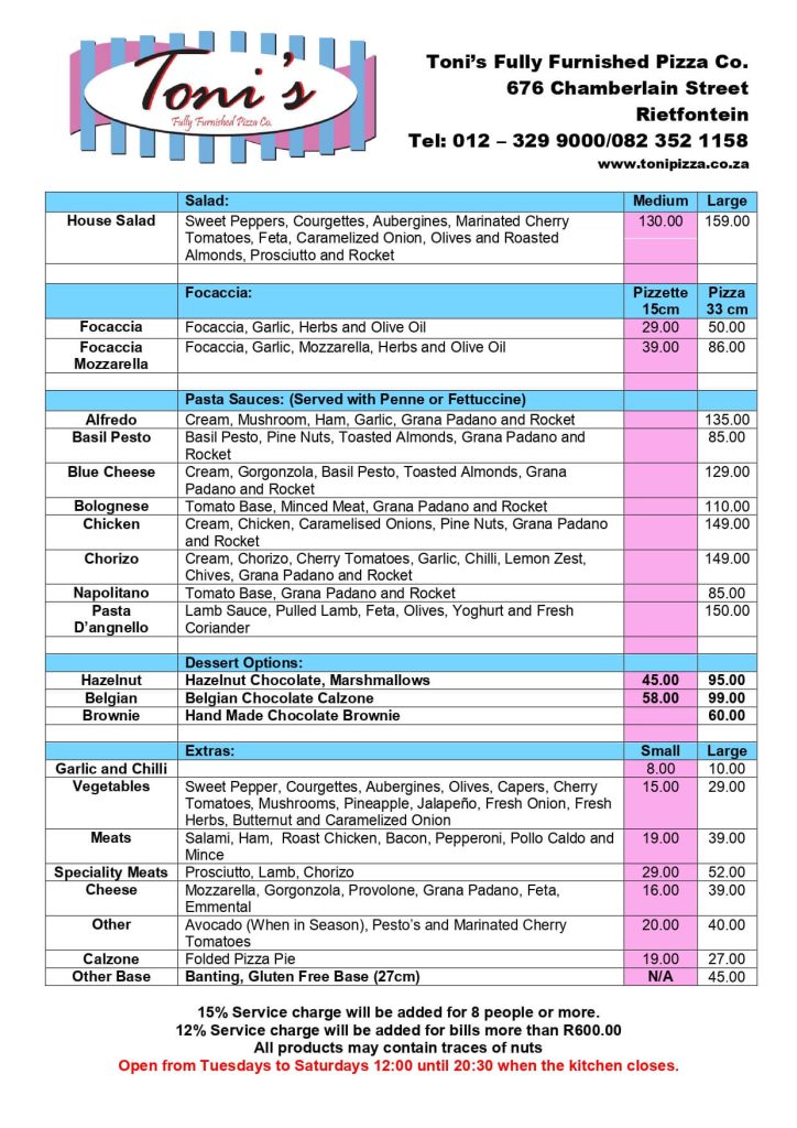Main Menu - Tonis Pizza